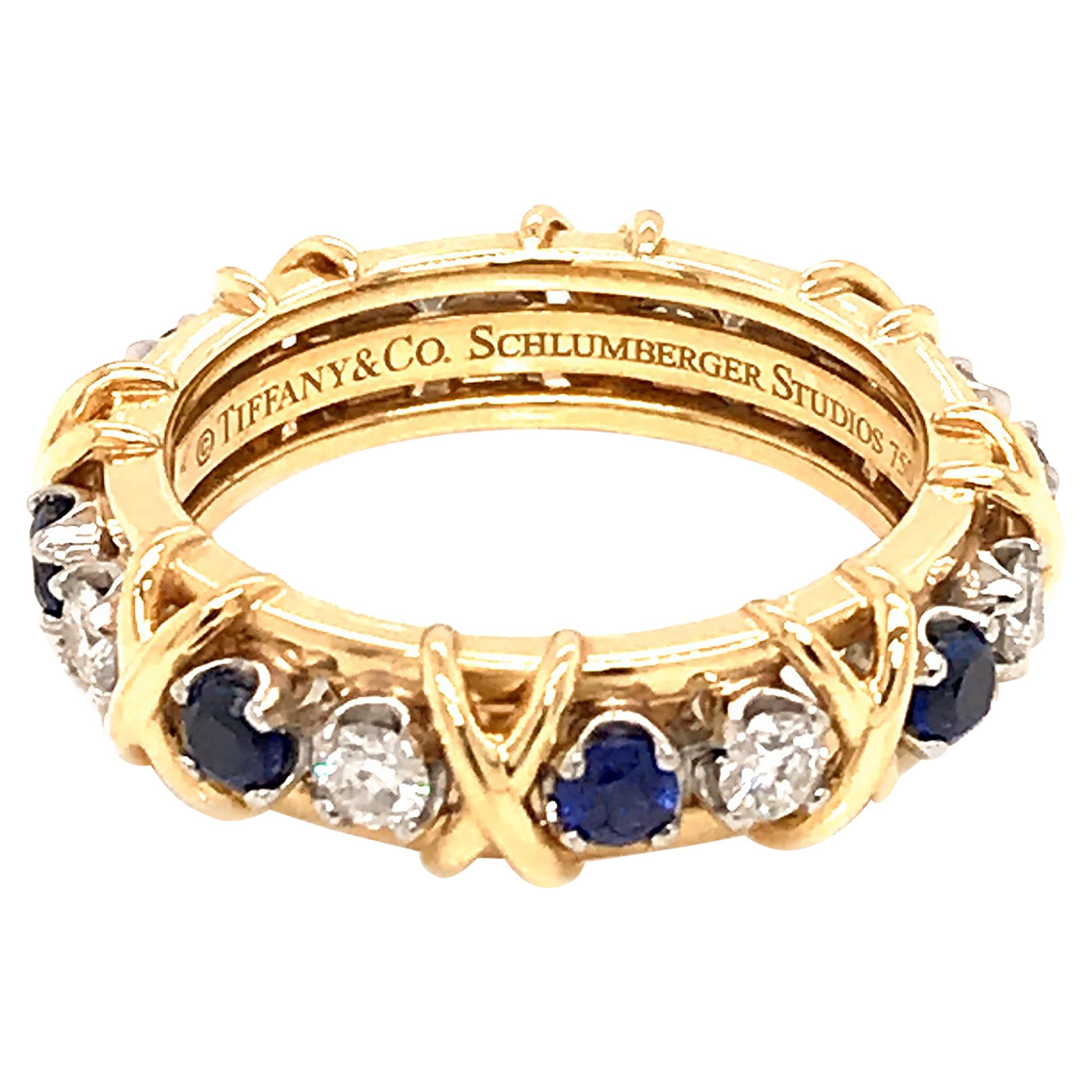 Tiffany and Co. Schlumberger Sapphire DIamond Platinum X Ring at 1stDibs