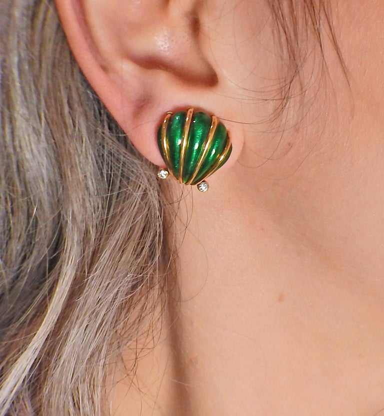 Tiffany and Co. Schlumberger Enamel Diamond Shell Earrings For Sale at ...
