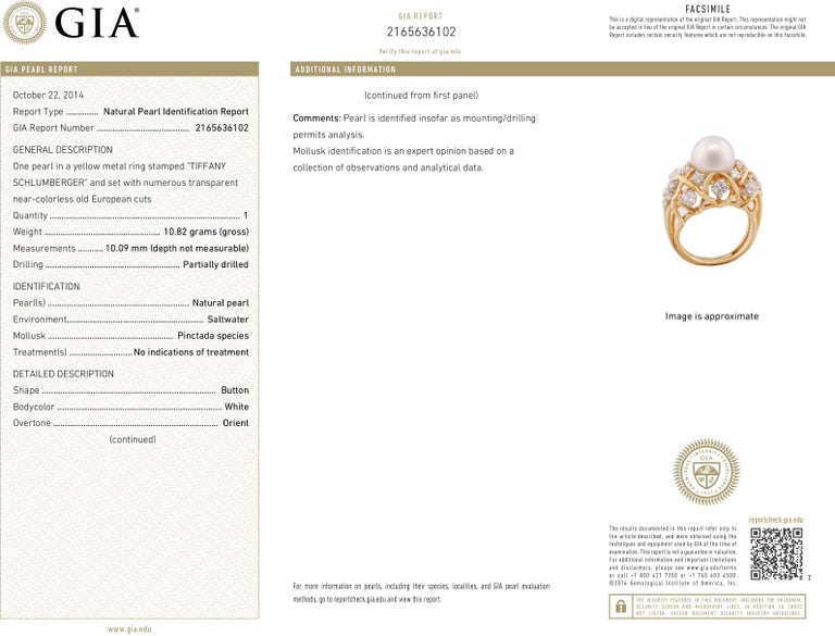 Tiffany and Co. Schlumberger GIA Graded Natural Pearl and Diamond Ring ...