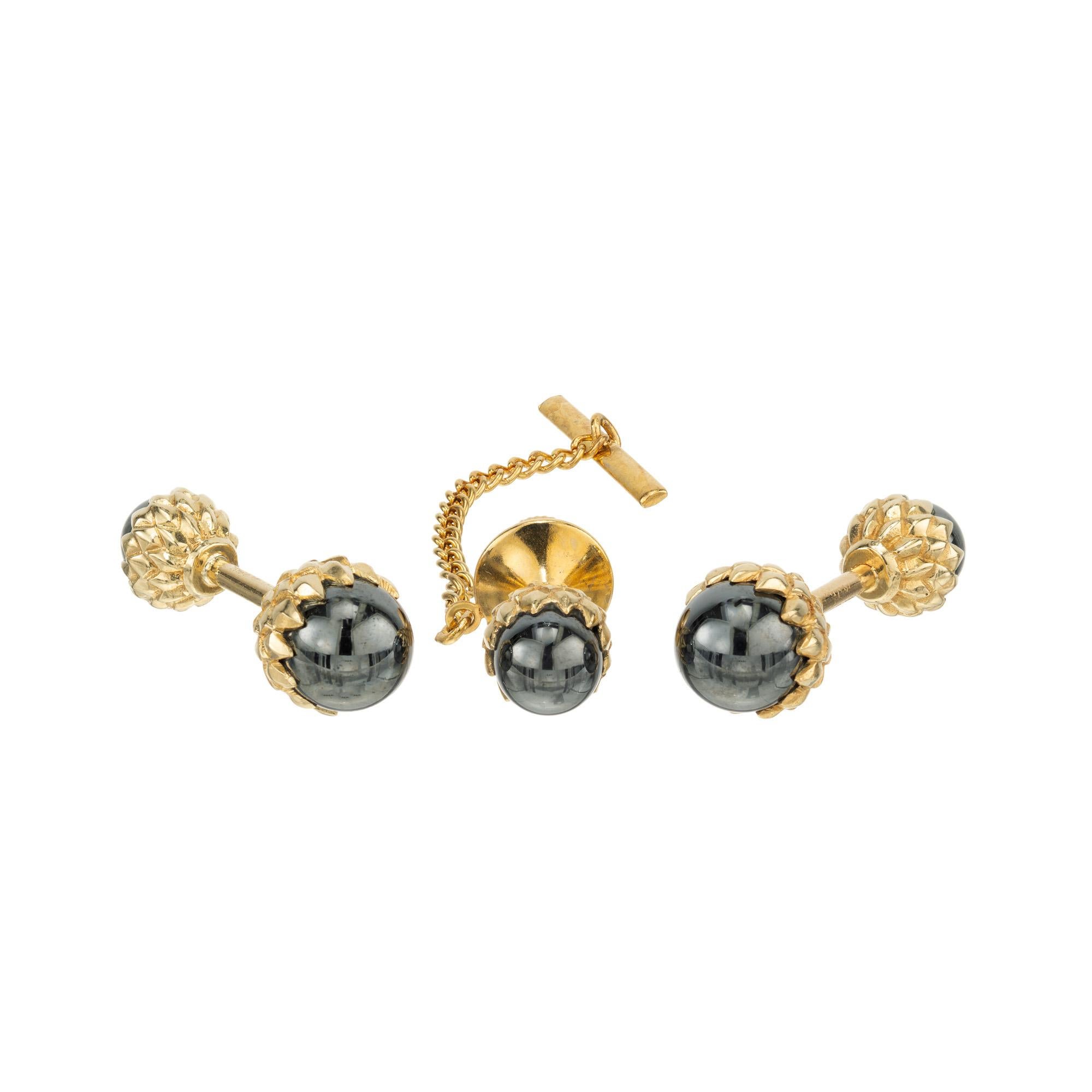 Tiffany and Co. Schlumberger Hematite Yellow Gold Tie Set Acorn ...