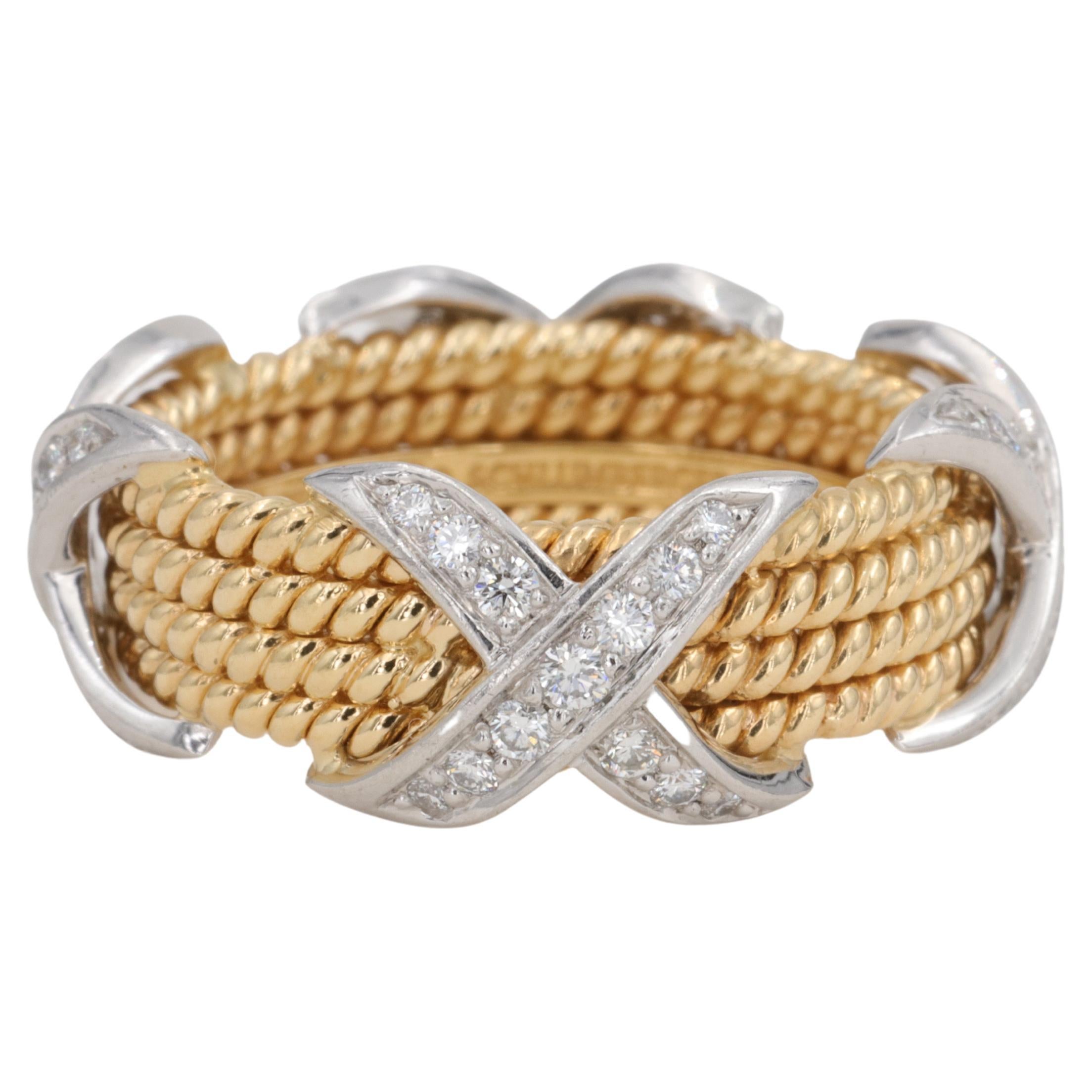 Tiffany and Co Schlumberger Rope Four Row Diamond X Ring In 18 Karat ...