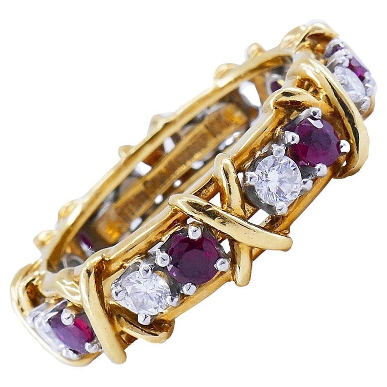 Tiffany and Co. Schlumberger Sixteen Stone Ring 18k Gold Ruby Diamond ...