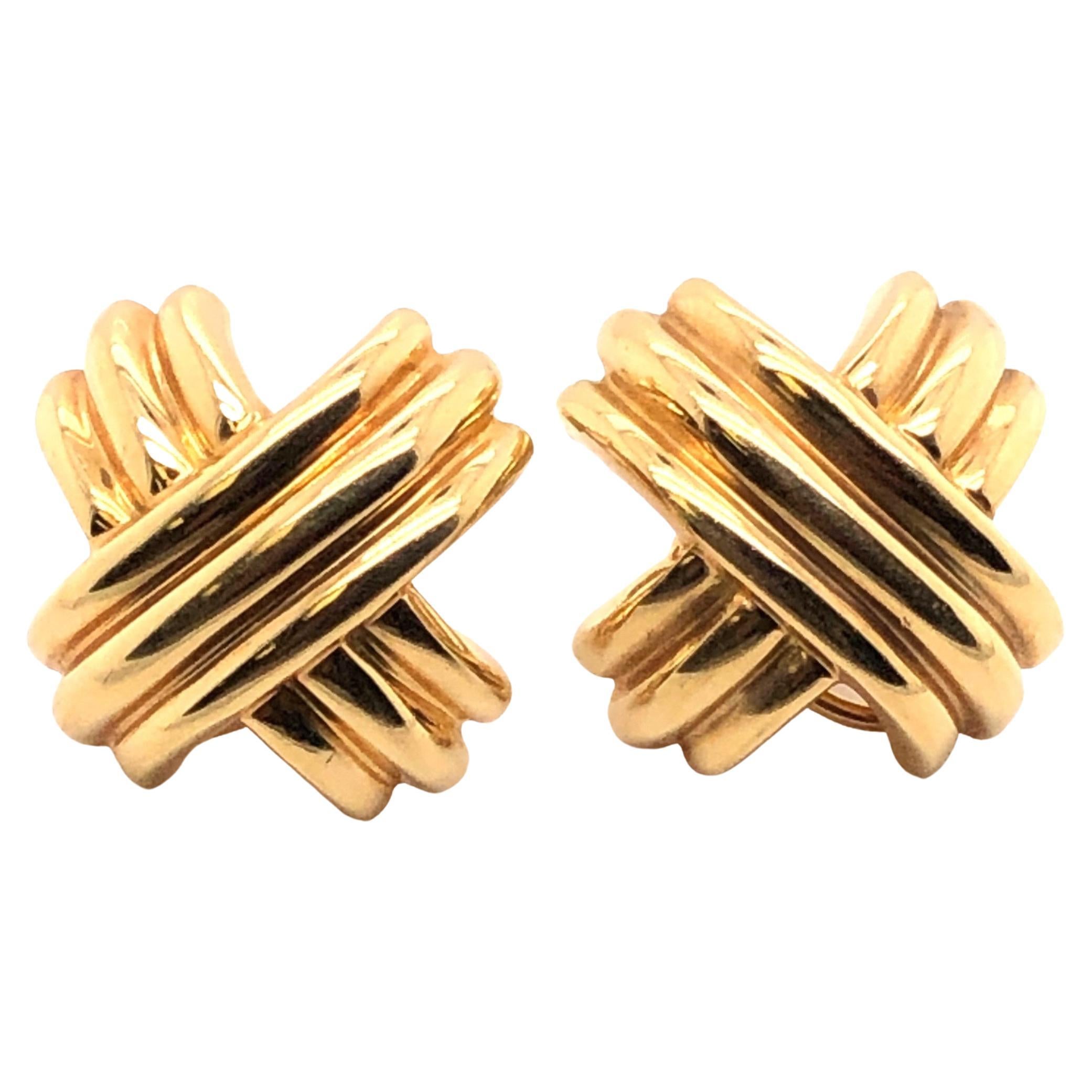 Tiffany and Co. 18K Yellow Gold Signature X Crossover Earrings Omega ...