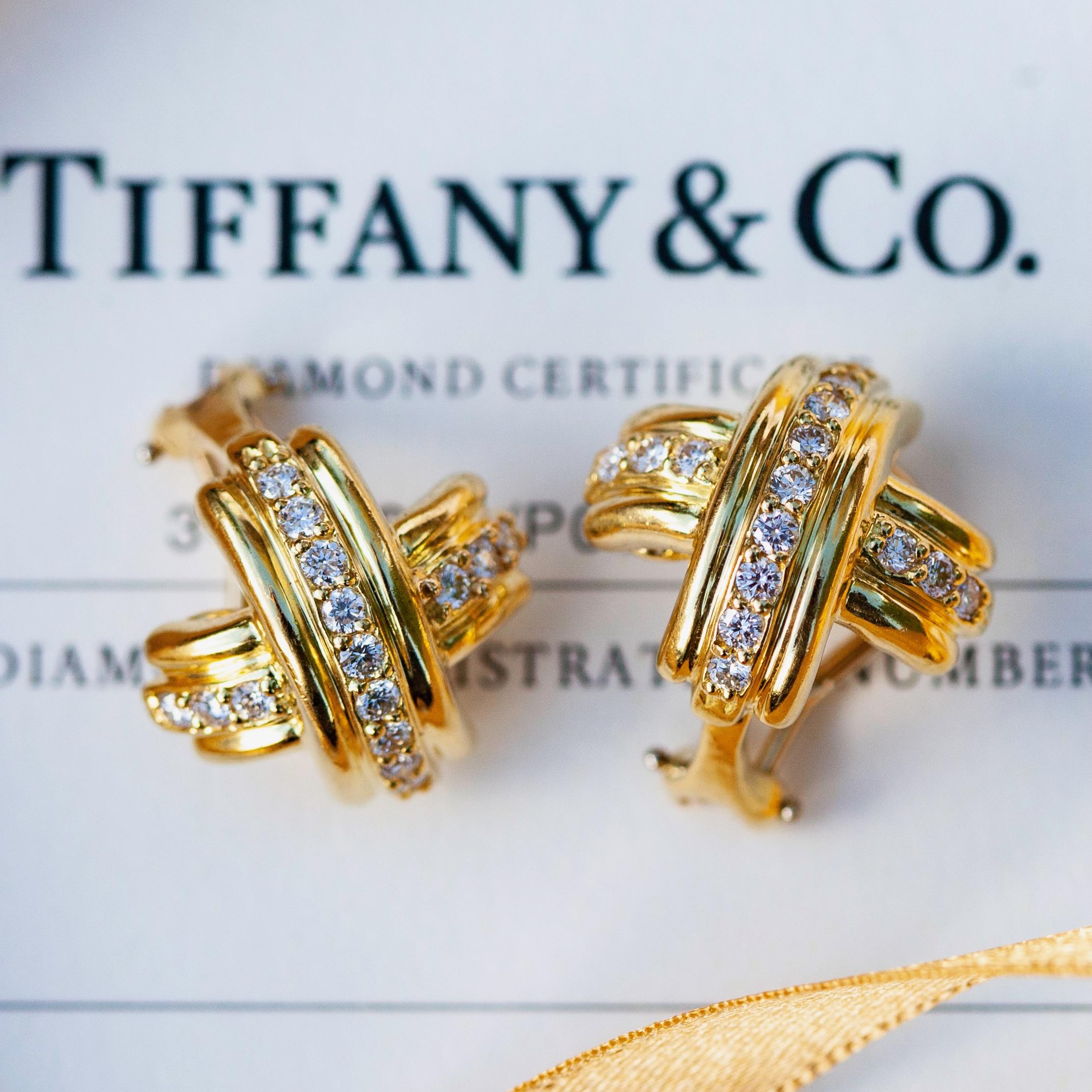 Tiffany and Co. Diamond Gold Signature Earrings at 1stDibs