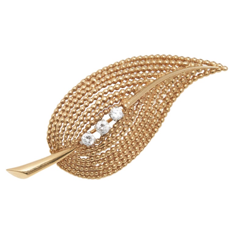 Tiffany and Co Signed Gold and Diamond Leaf Brooch For Sale at 1stDibs