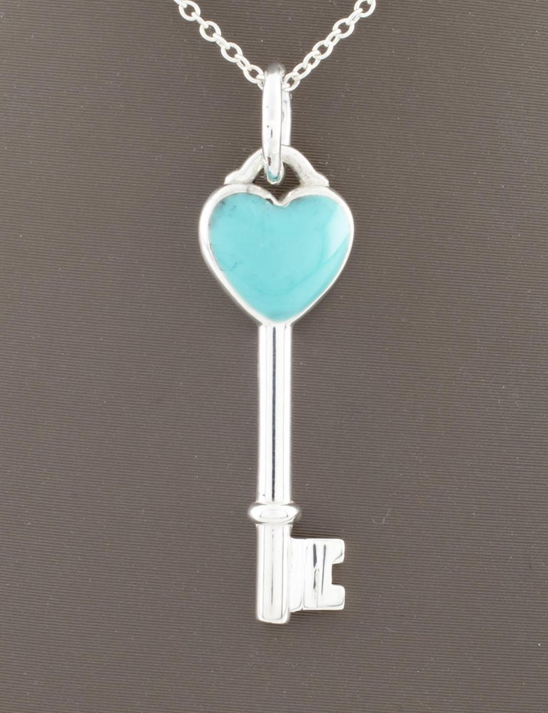 Tiffany and Co. Sterling Silver Blue Enamel Key Pendant with Chain, Box ...
