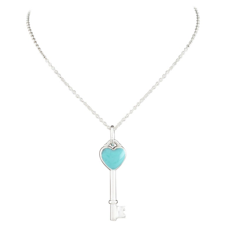 Tiffany and Co. Sterling Silver Blue Enamel Key Pendant with Chain, Box ...