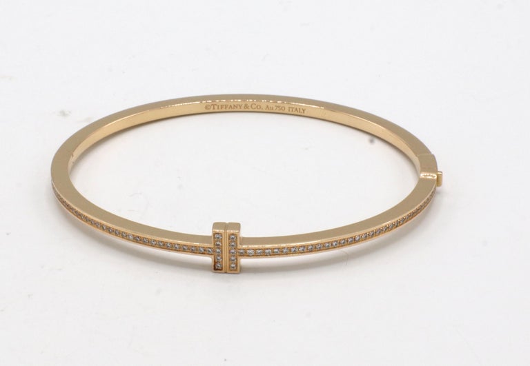 Tiffany and Co. T Diamond Hinged Wire Bangle in 18k Rose Gold For Sale ...