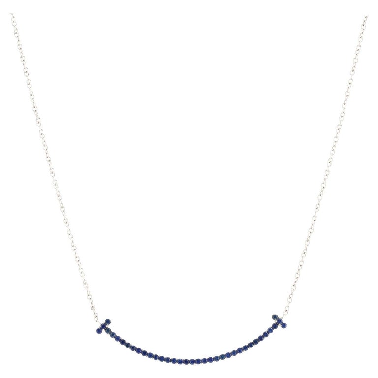 Tiffany and Co. T Smile Pendant Necklace 18k White Gold with Blue ...