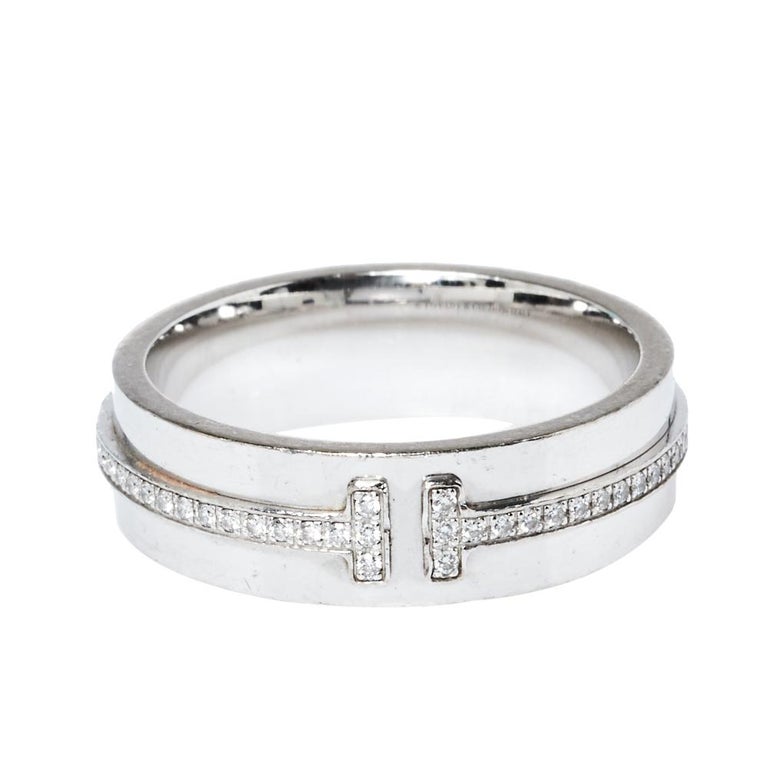 Tiffany and Co. Tiffany T Diamond 18K White Gold Wide Ring Size 53 at ...