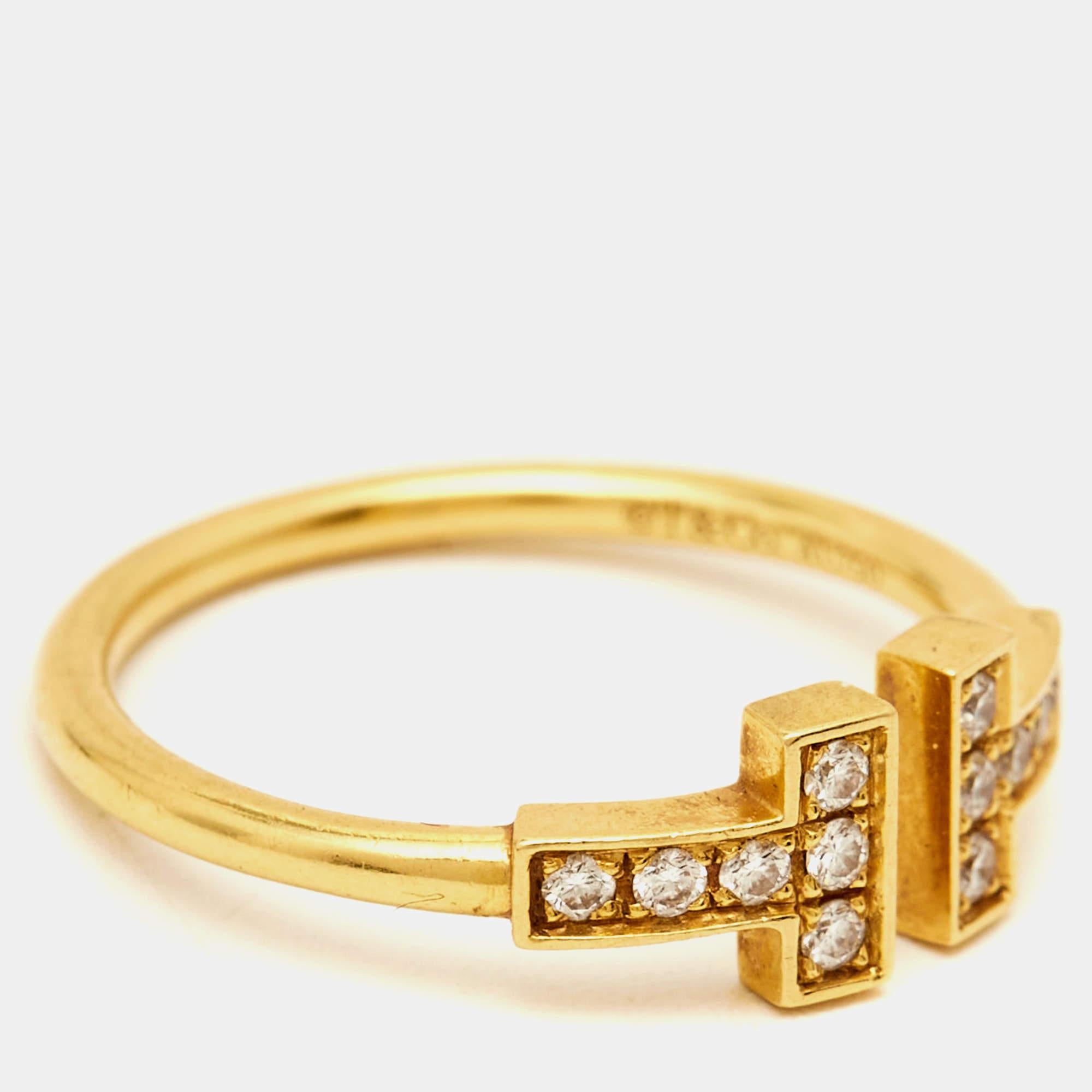 Tiffany and Co. Tiffany T Diamonds 18k Yellow Gold Ring Size 52 For Sale at 1stDibs