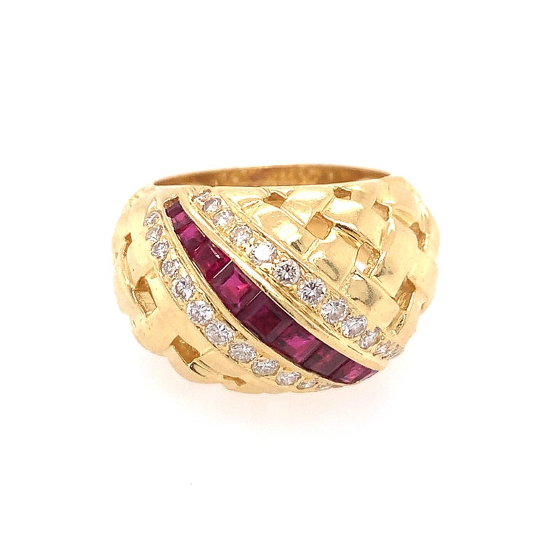 Tiffany and Co. Vannerie Ruby and Diamond Yellow Gold Basket Weave Ring ...