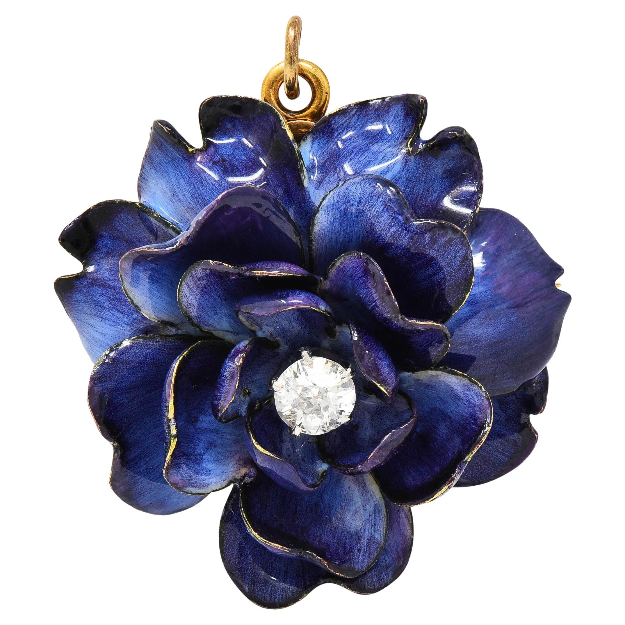 Tiffany and Co. Victorian Diamond Enamel 18K Gold Antique Flower Pendant Brooch For Sale at 1stDibs