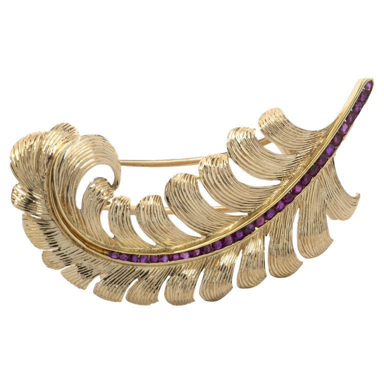 Tiffany and Co. Vintage 18 Karat Yellow Gold Ruby Leaf Pin at 1stDibs