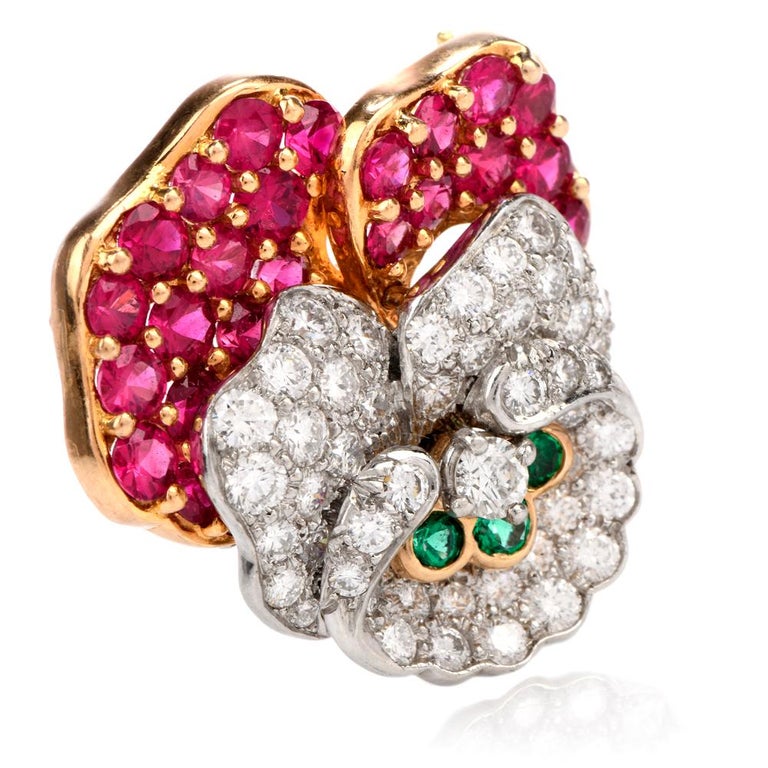 Tiffany and Co. Vintage Diamond Ruby Rose Flower Gold Platinum Brooch ...