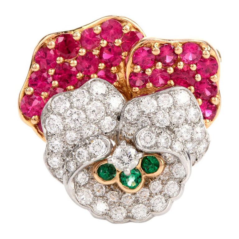 Tiffany and Co. Vintage Diamond Ruby Rose Flower Gold Platinum Brooch ...