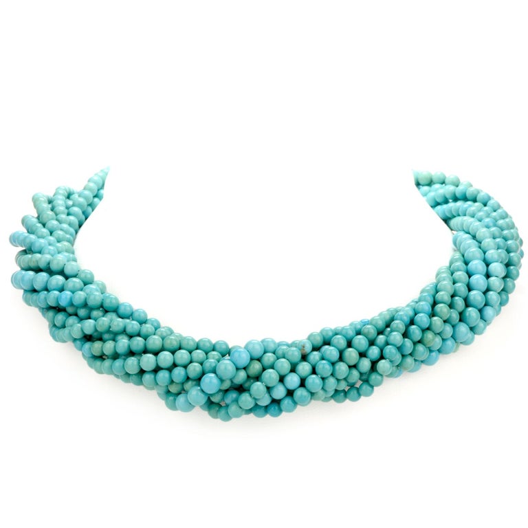 Tiffany and Co. Vintage Turquoise Diamond 18K Gold Multi Strand Beaded ...