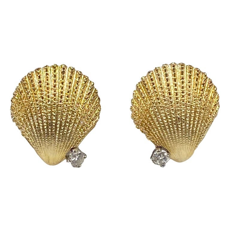 Tiffany and Co. Vintage Yellow Gold and Diamond Sea Shell Earrings at ...