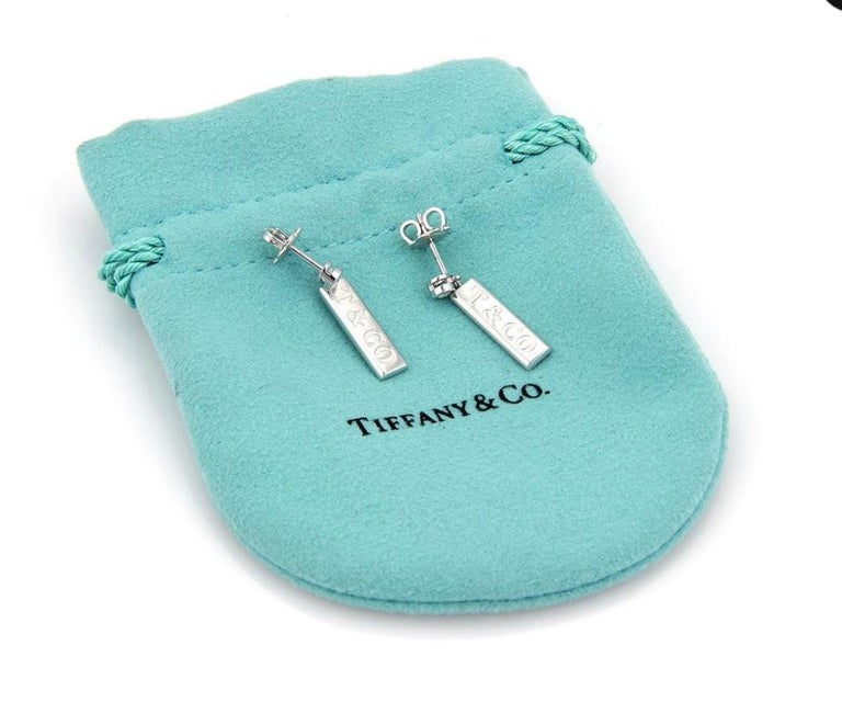 Tiffany and Co. White Gold Signature Logo Diamond Bar Dangle Earrings ...