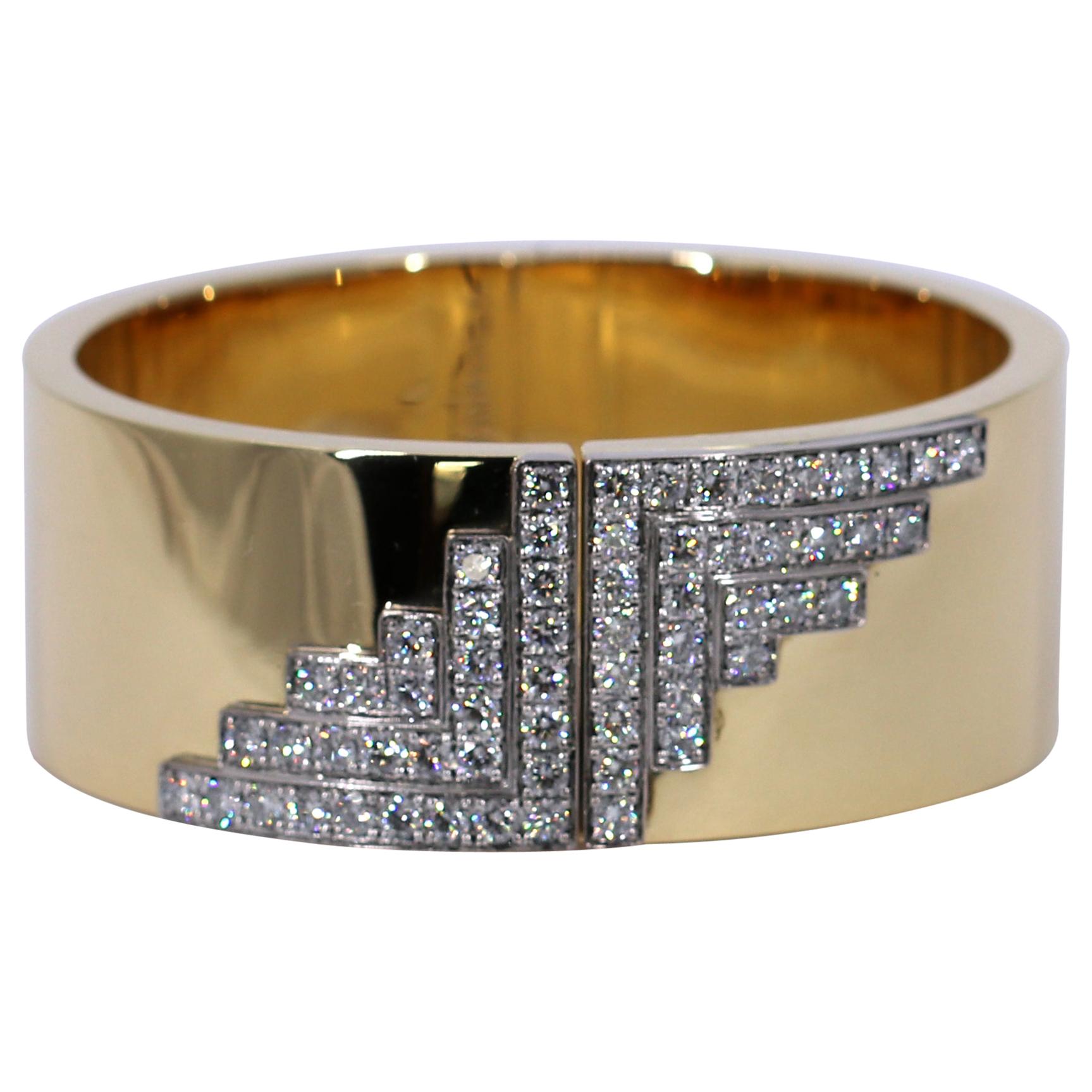 Tiffany and Co. Wide Gold Cuff with Art Deco Inspired Geometric Diamond ...