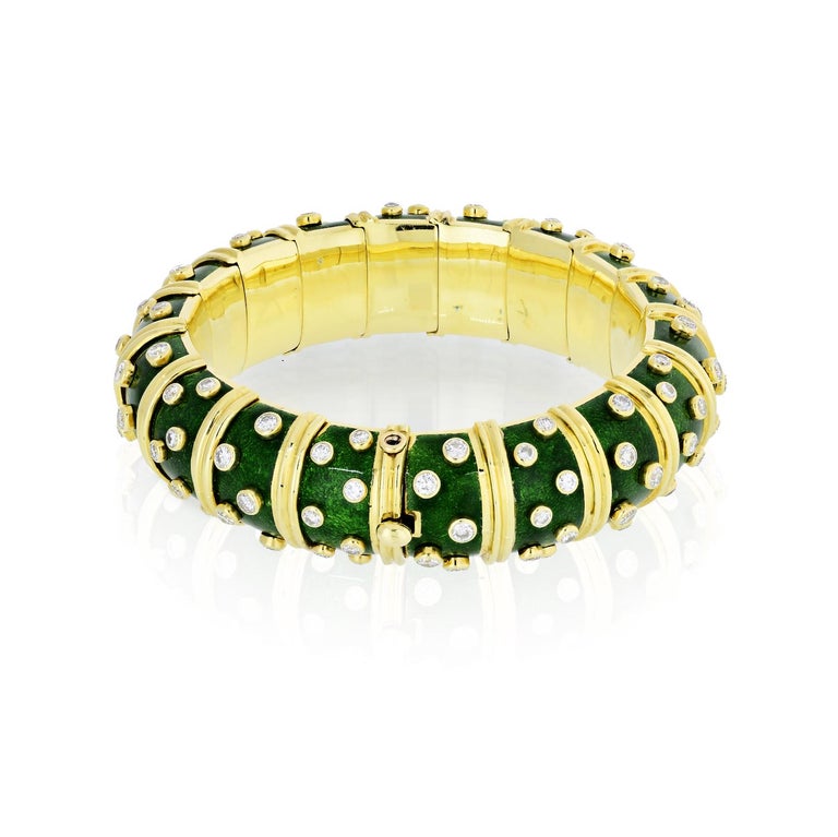 Tiffany and Co. Yellow Gold Schlumberger Green Enamel Diamond Bracelet ...