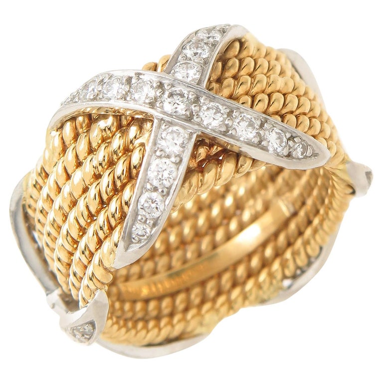 Tiffany and Company Jean Schlumberger Gold and Diamond Wide X Rope Band ...