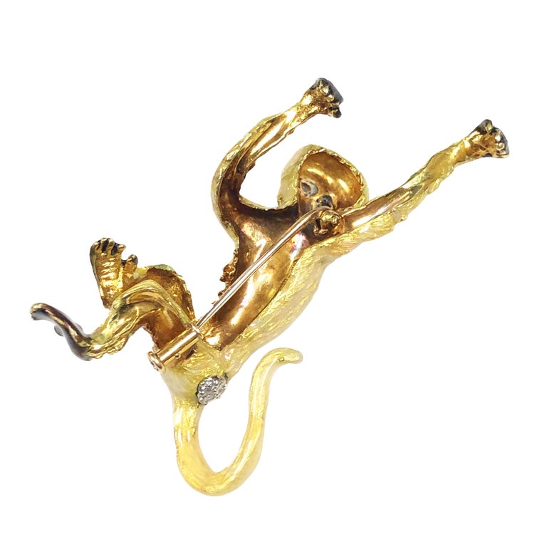Tiffany and Co. Whimsical Yellow Gold Enamel and Gem Set Monkey Brooch ...