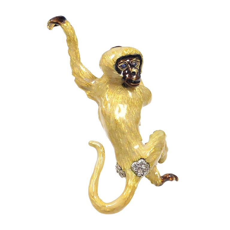 Tiffany and Co. Whimsical Yellow Gold Enamel and Gem Set Monkey Brooch ...