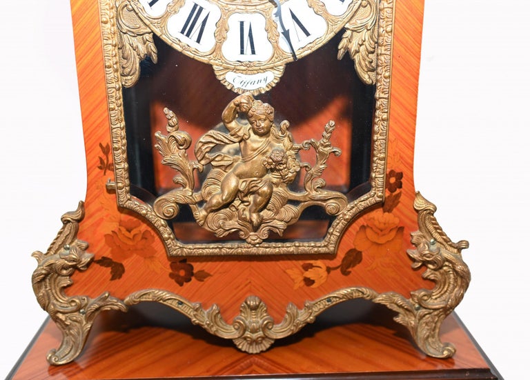 Tiffany Mantle Clock and Stand French Marquetry Inlay For Sale at 1stDibs