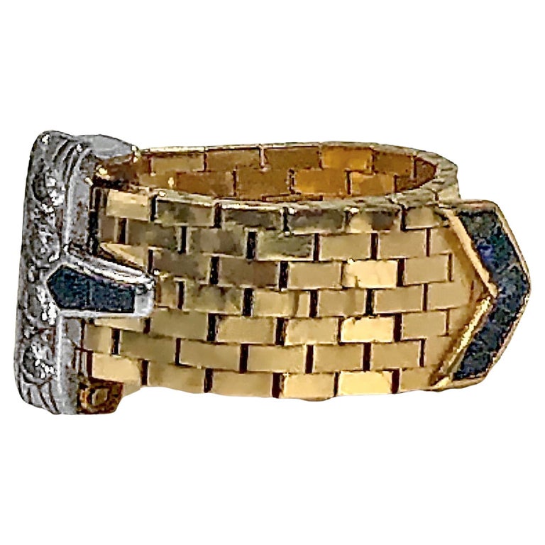 Tiffany Retro Period Brick Link Buckle Ring with Diamonds and Sapphires ...