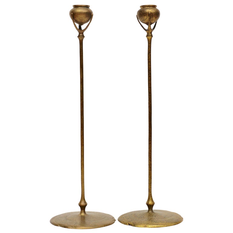 Tiffany Studios New York 1213 Gilt Bronze Candlesticks at 1stDibs