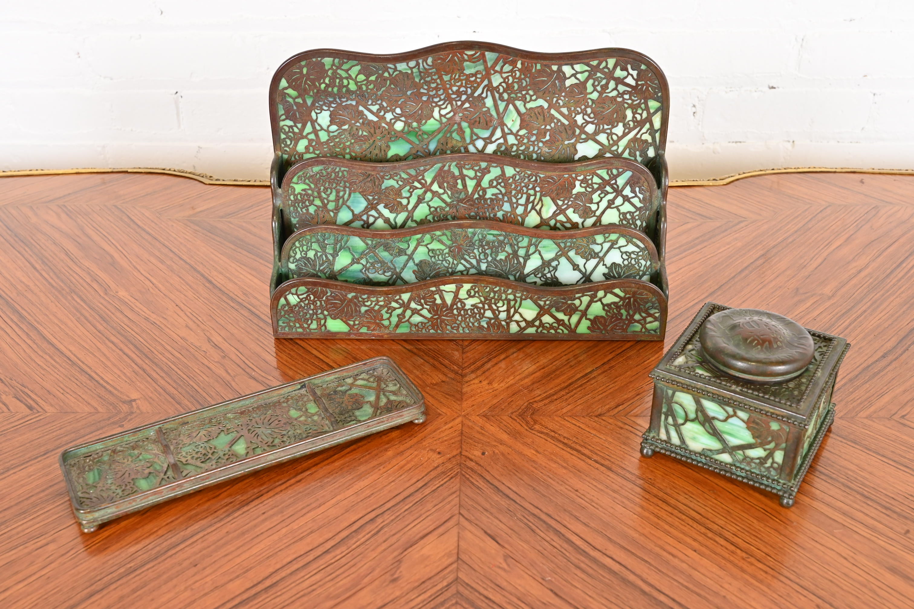 Tiffany Studios New York Grapevine Bronze and Slag Glass Desk Set, Circa 1910 For Sale at 1stDibs