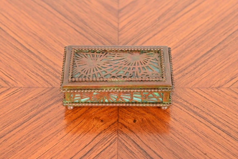 Tiffany Studios New York Pine Needle Bronze and Slag Glass Stamp Box ...