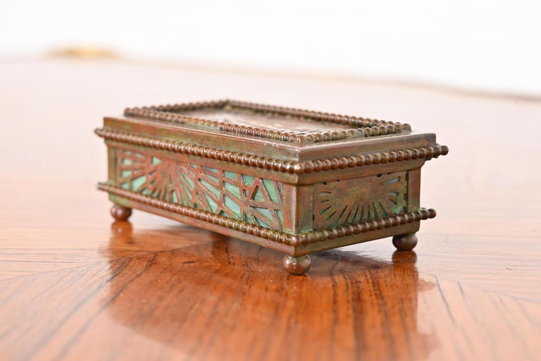 Tiffany Studios New York Pine Needle Bronze and Slag Glass Stamp Box ...