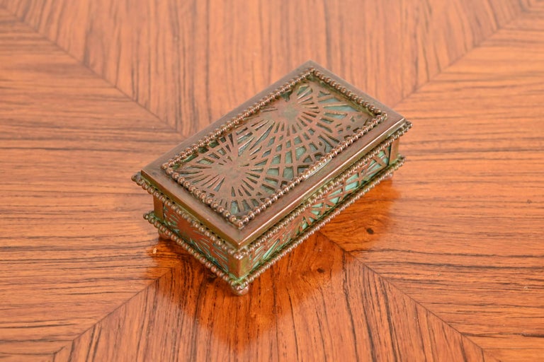 Tiffany Studios New York Pine Needle Bronze and Slag Glass Stamp Box ...