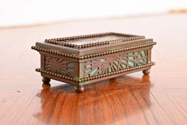 Tiffany Studios New York Pine Needle Bronze and Slag Glass Stamp Box ...