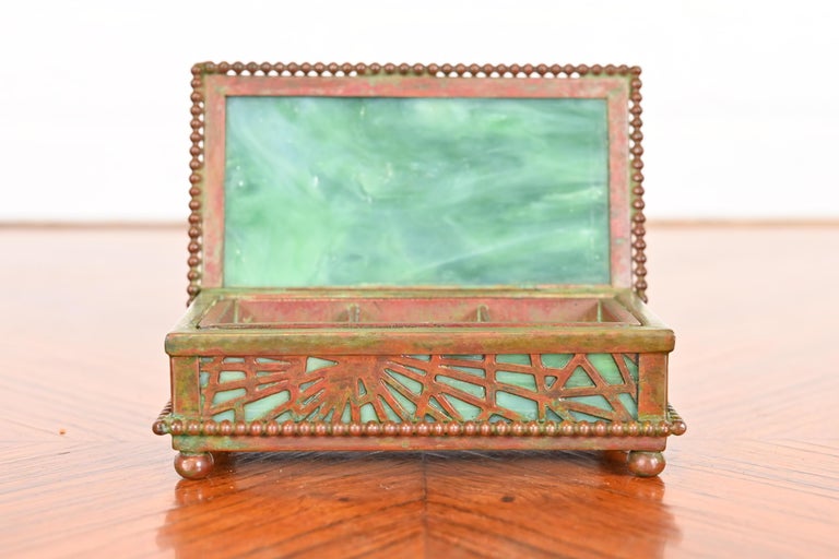 Tiffany Studios New York Pine Needle Bronze and Slag Glass Stamp Box ...