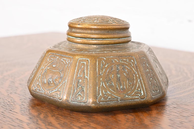 Tiffany Studios New York 'Zodiac' Bronze Doré Large Inkwell For Sale at ...