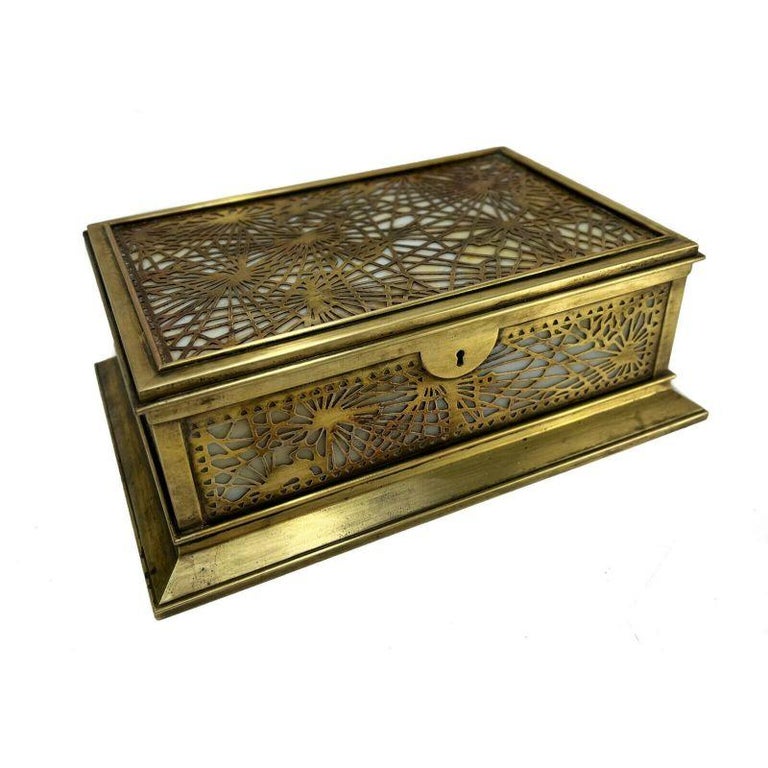 Tiffany Studios White and Orange Slag Glass Humidor Box in Pine Needle ...