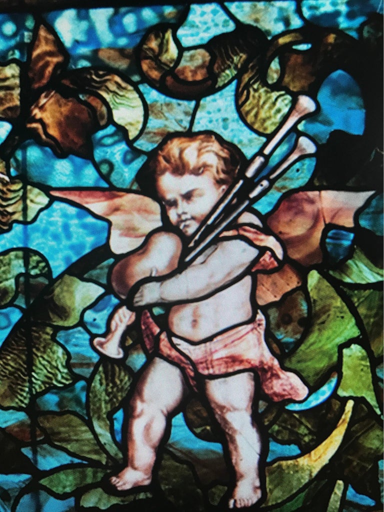 Tiffany Studios winged cherub/putti leaded art glass music window For ...