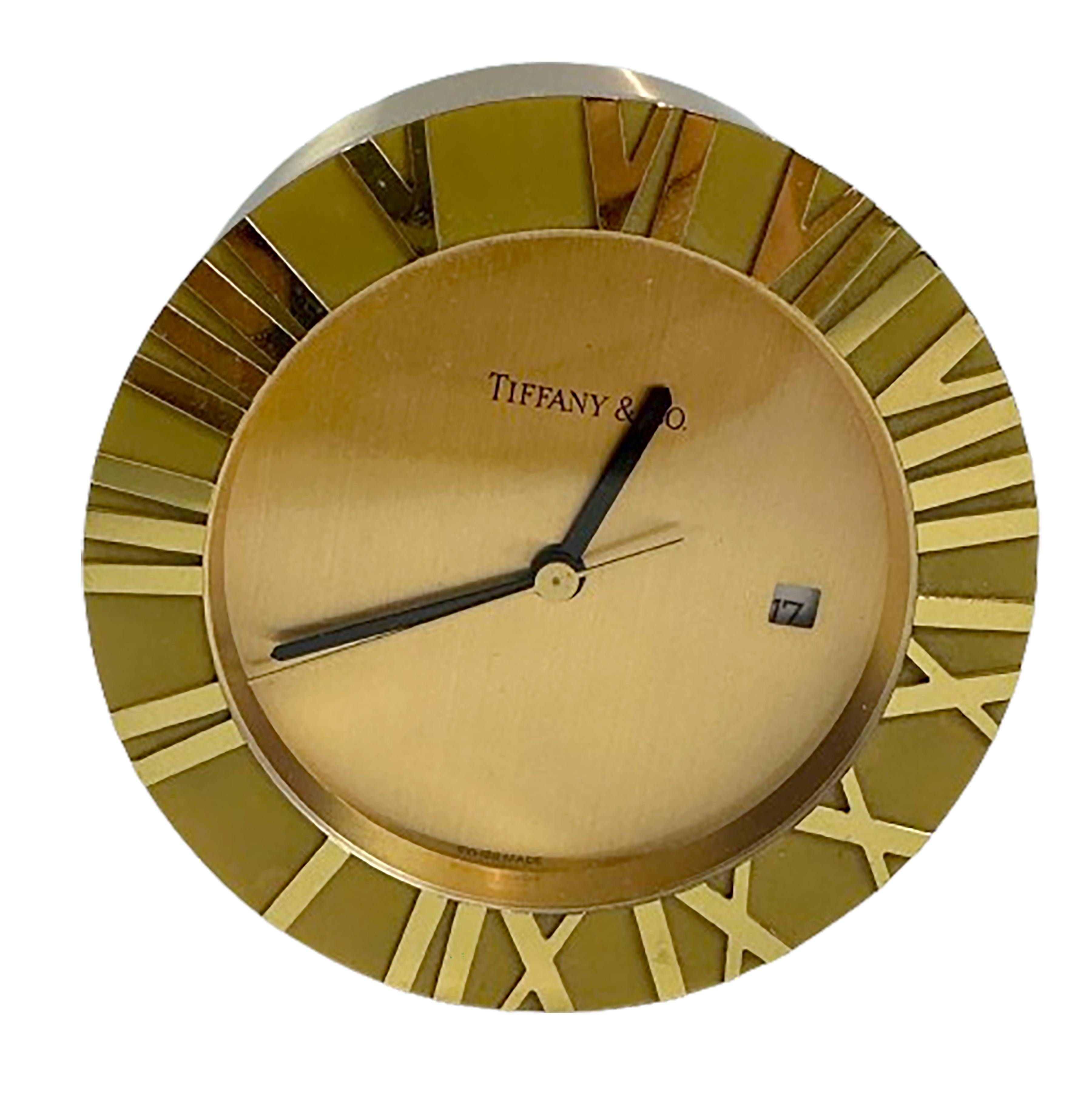 Tiffany Swiss Gold and Brass Atlas Table Clock For Sale at 1stDibs