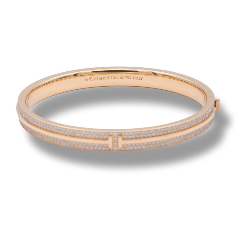 Tiffany T Pavé Diamond Hinged Bangle in 18k Rose Gold Medium Size at ...