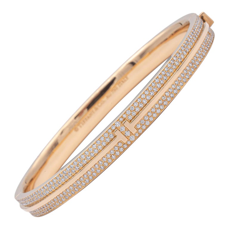Tiffany T Pavé Diamond Hinged Bangle in 18k Rose Gold Medium Size at ...