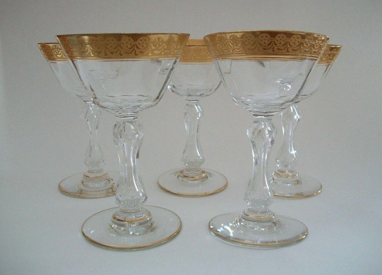 Tiffin Glass, Cut Crystal Sherry Glasses, Gold Rims, U.S.A., Circa 1950 ...