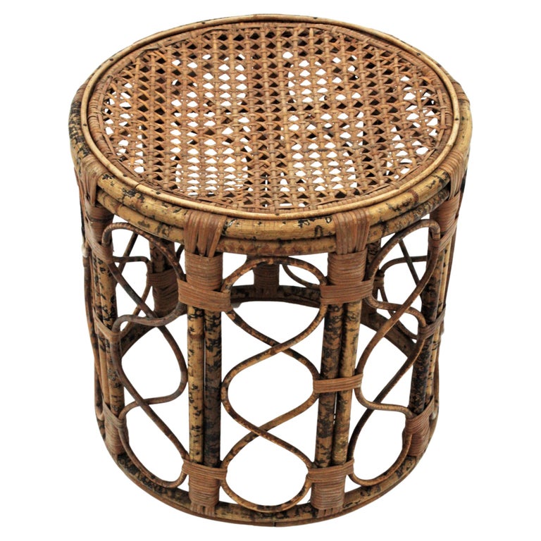 Tiger Bamboo Rattan Round Side Table or Stool with Woven Wicker Top For ...