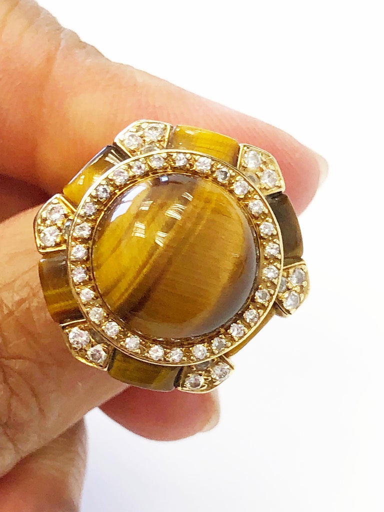 Tiger Eye and Diamond Cocktail Ring in 18 Karat Yellow Gold at 1stDibs