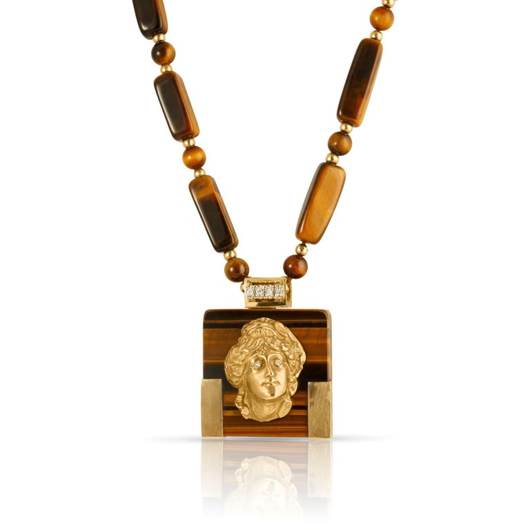 Tiger Eye Necklace With Articulated 14ct Gold Portrait Pendant For Sale ...