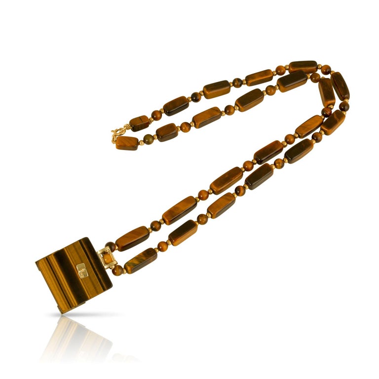 Tiger Eye Necklace With Articulated 14ct Gold Portrait Pendant For Sale ...