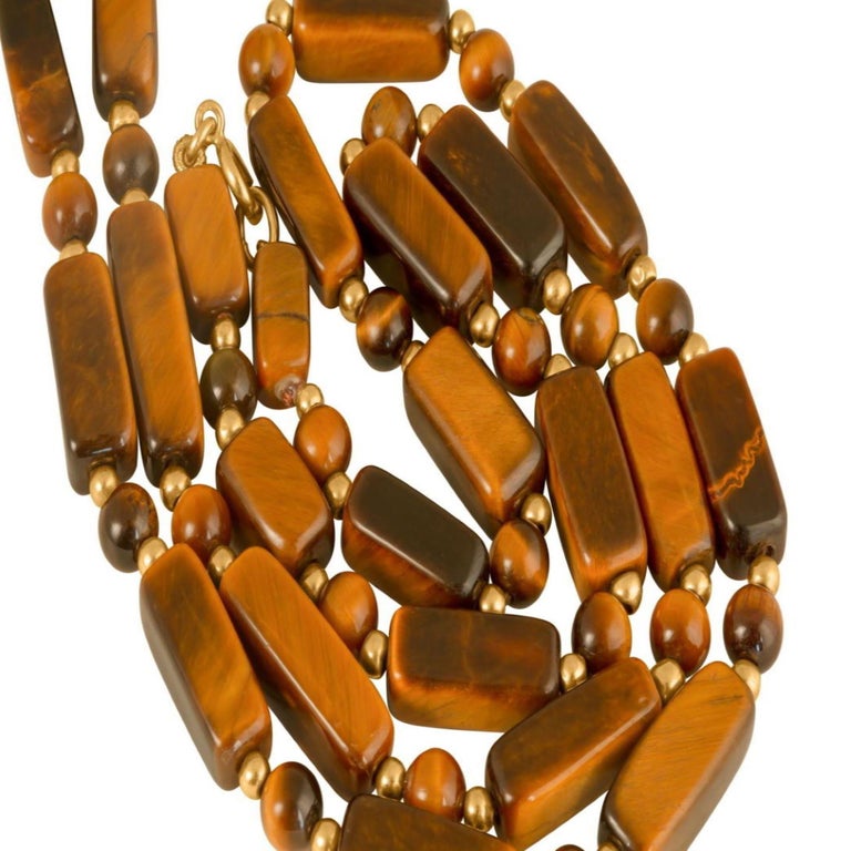 Tiger Eye Necklace With Articulated 14ct Gold Portrait Pendant For Sale ...