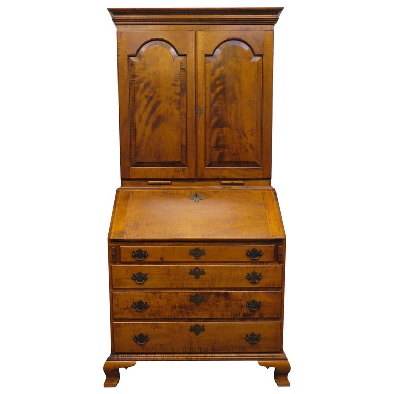 Tiger Maple Secretary Chippendale Style For Sale at 1stDibs
